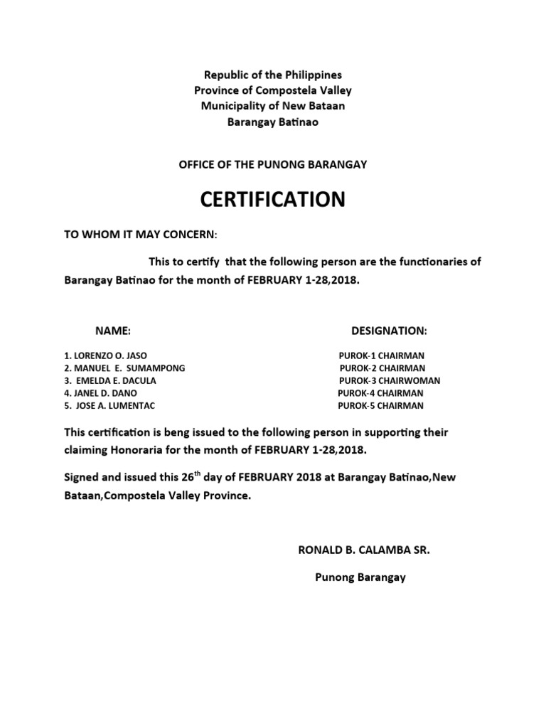 Barangay Functionaries Certification | PDF