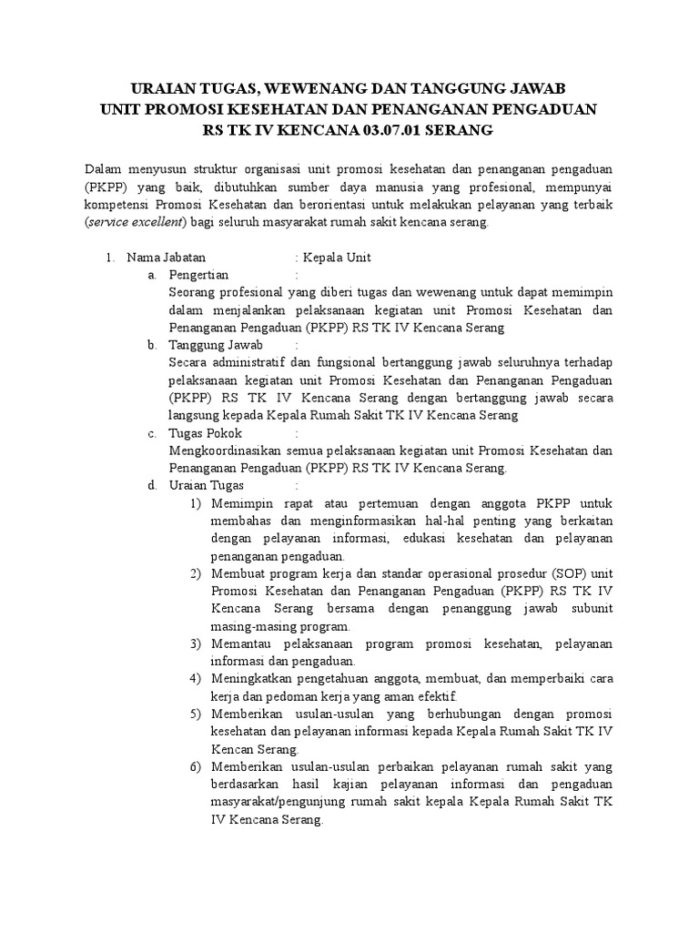 Uraian Tugas, Wewenang Dan Tanggung Jawab PKPP | PDF | Pengembangan Diri | Kesehatan Holistik