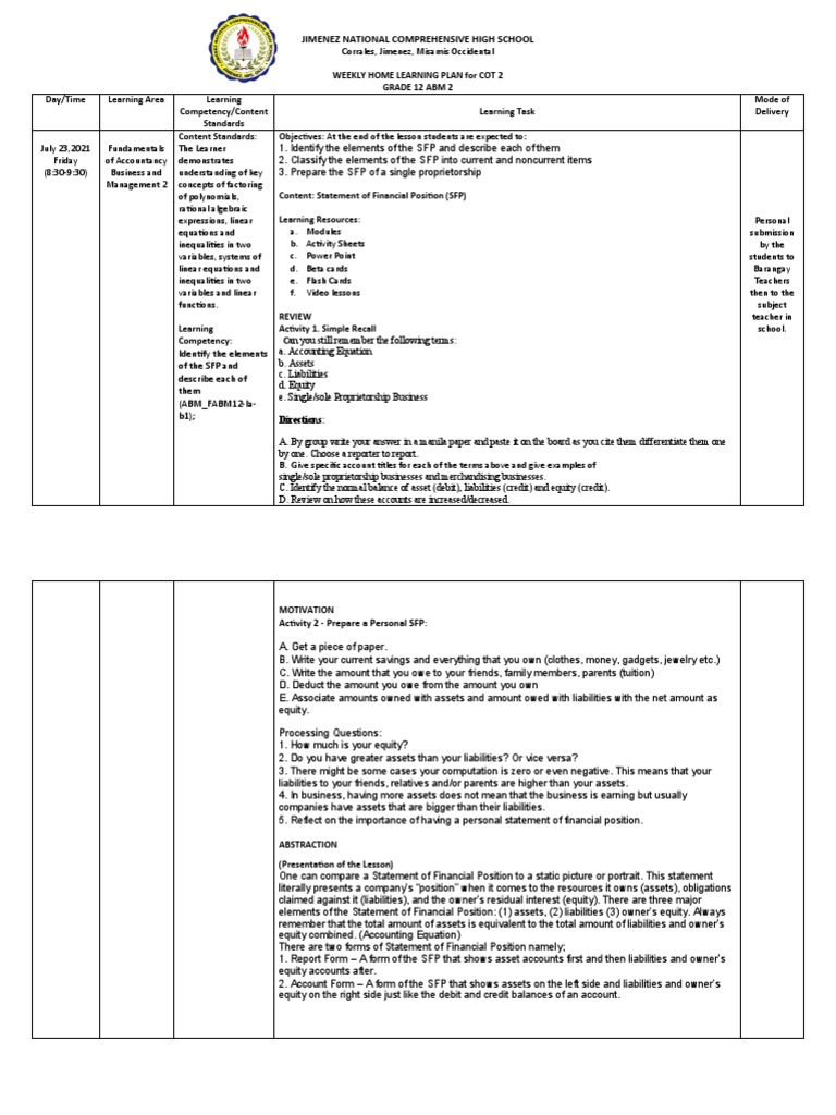 Weekly Home Learning Plan For COT 2 ABM | PDF | Balance Sheet | Equity ...