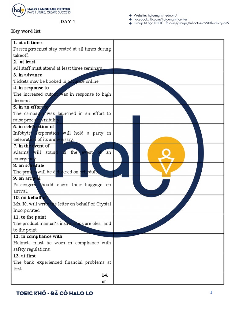 Day 1 Key Word List 1. at All Times | PDF