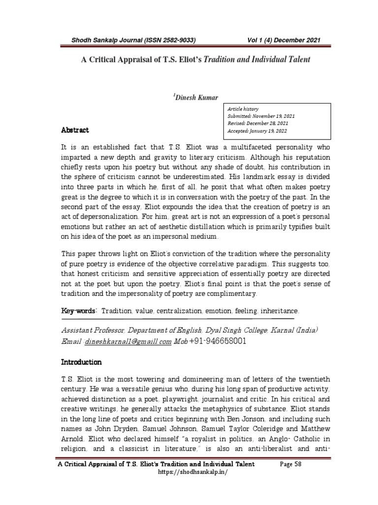 Eliot's Tradition and Individual Talent Analysis | PDF | T. S. Eliot ...