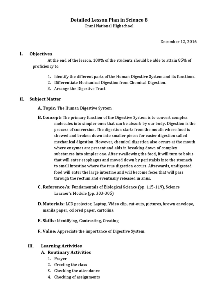 Detailed Lesson Plan in Science - Digestive S. | PDF | Digestion ...