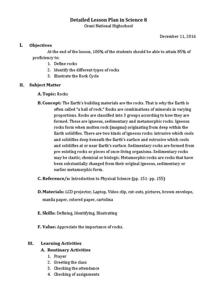 Detailed Lesson Plan in Science-Rocks | PDF | Rock (Geology) | Igneous Rock