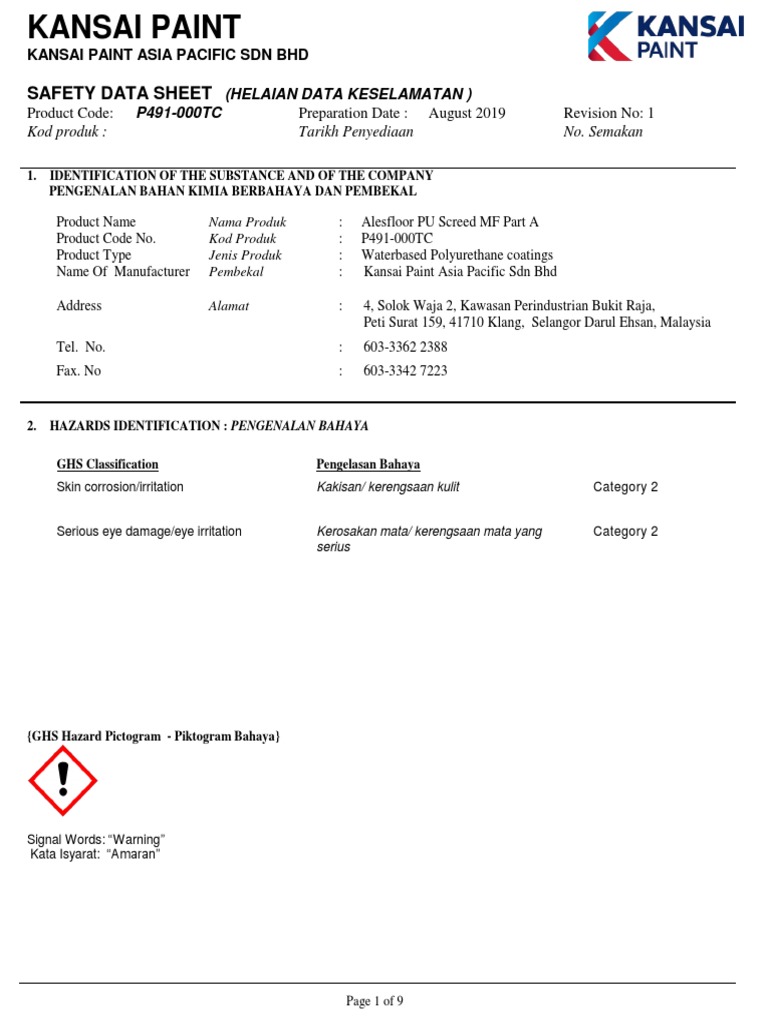 Safety Data Sheet for Alesfloor PU Screed MF Part A Waterbased ...