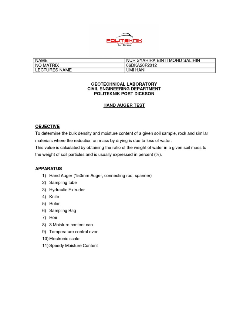 Hand Auger Method | PDF | Soil | Geotechnical Engineering