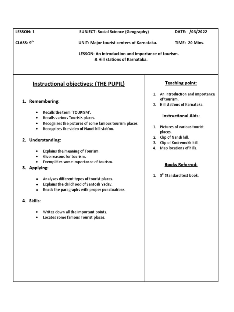 Instructional Objectives: (THE PUPIL) : Teaching Point | PDF | Tourism ...