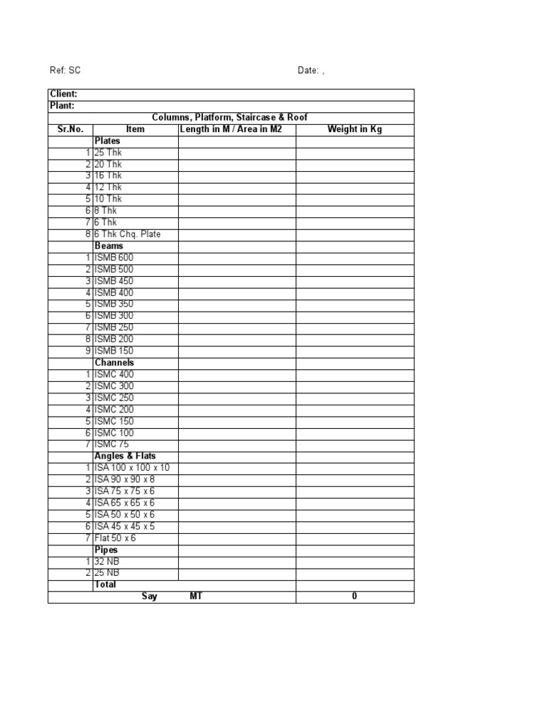 Sample, Boq of Steel Columns, Platform, Roof, Staircase (Proj ...