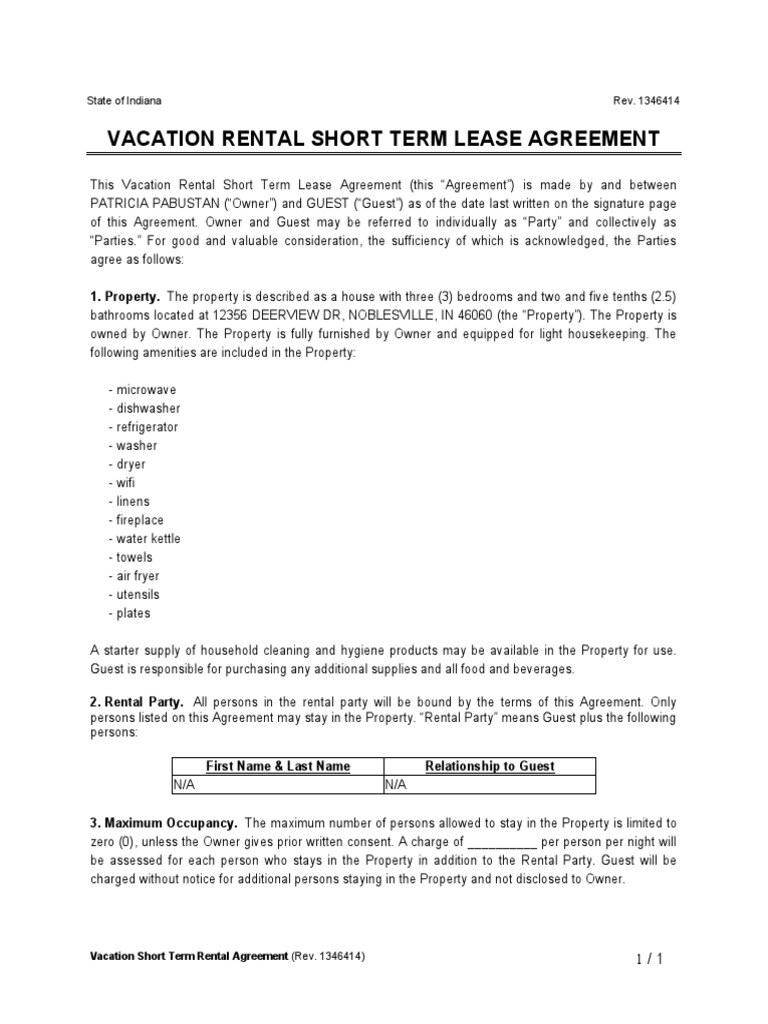 Indiana Short Term Rental Agreement | PDF | Indemnity | Lease