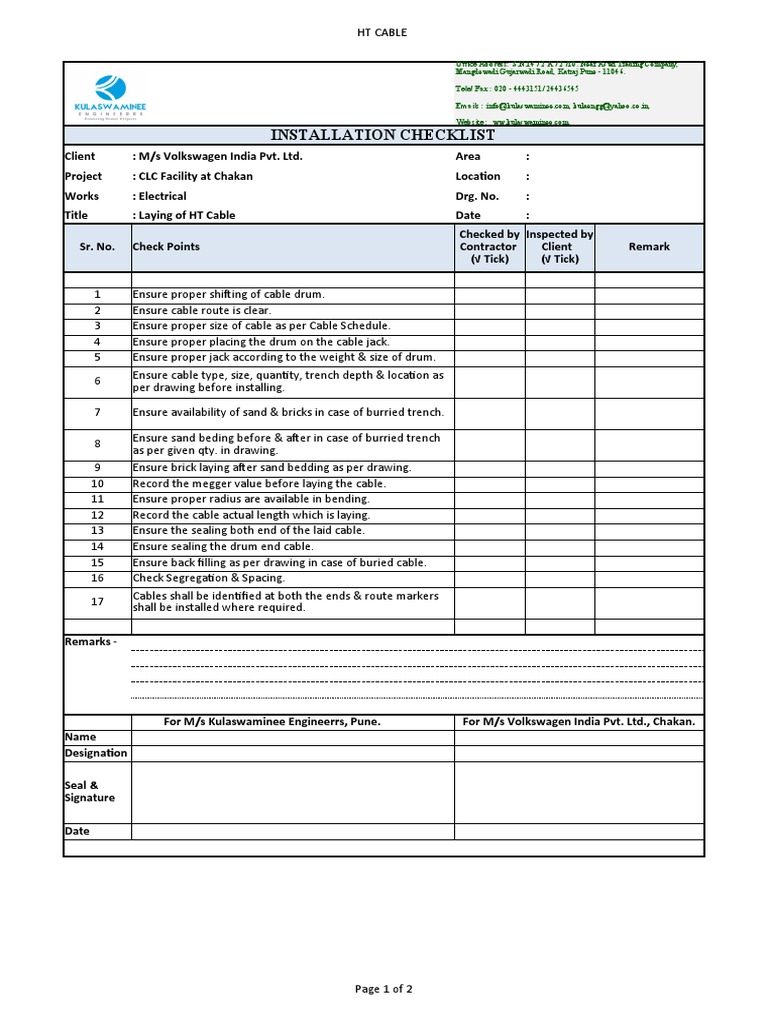 HV Cable Installation Checklist | PDF
