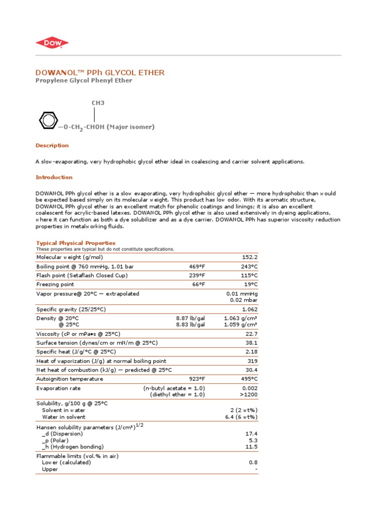 DOWANOL - PPH Glycol Ether | PDF | Solvent | Chemical Substances