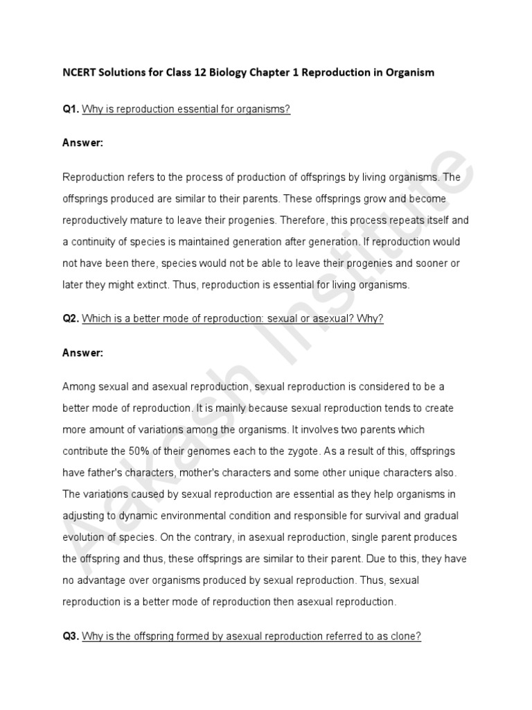 Ncert Solutions Class 12 Biology Chapter 1 Reproduction in Organism - 0 ...