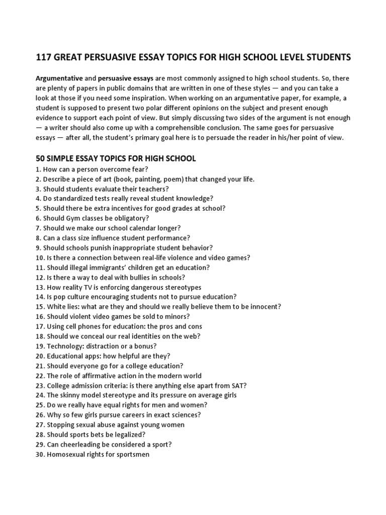 117 Persuasive Essay Topics for Students | PDF | Essays | Teachers
