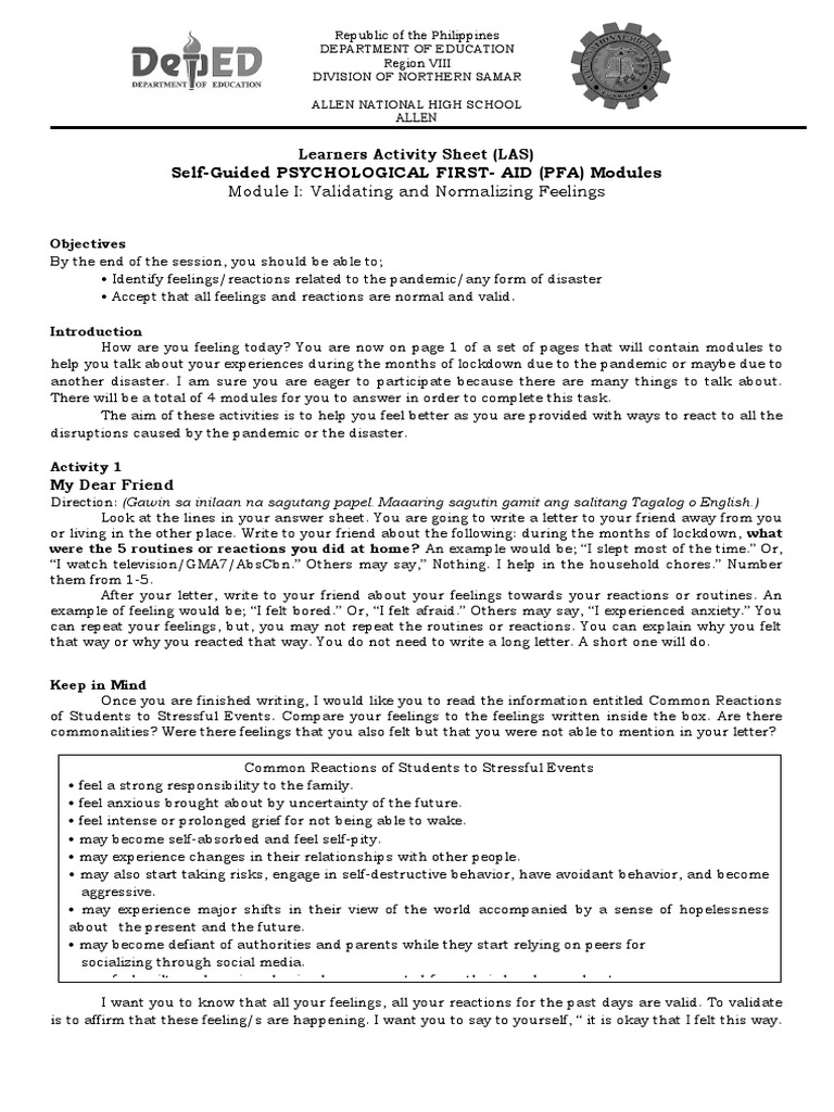 Self-Guided PSYCHOLOGICAL FIRST-AID (PFA) Modules: Module I: Validating ...