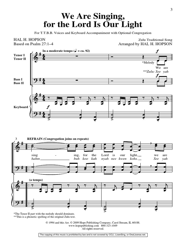 We Are Singing For The Lord Is Our Light - TTBB | PDF | Musical Forms ...