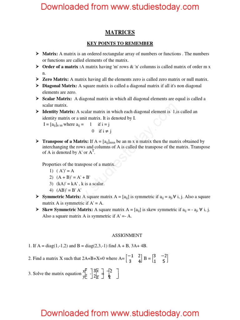 CBSE Class 12 Mathematics Matrices & Determinants Worksheet (2) - 1 ...