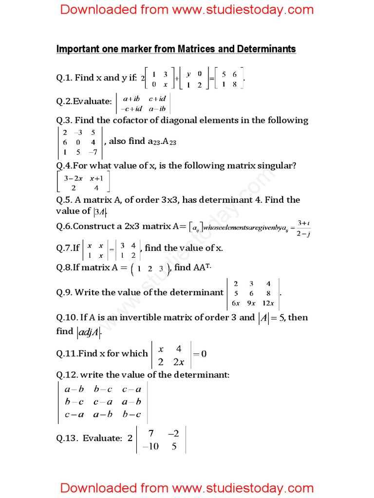 CBSE Class 12 Mathematics Matrices and Determinants Worksheet Set J | PDF | Matrix (Mathematics ...