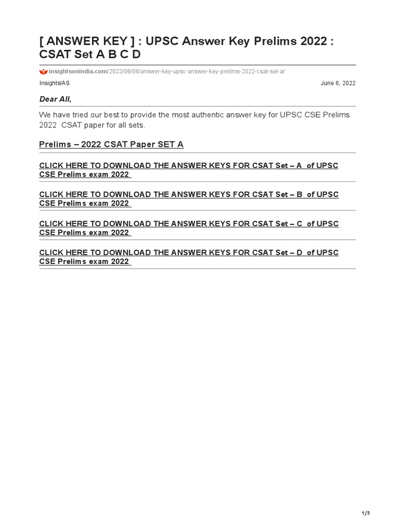 ANSWER KEY UPSC Answer Key Prelims 2022 CSAT Set A B C D | PDF
