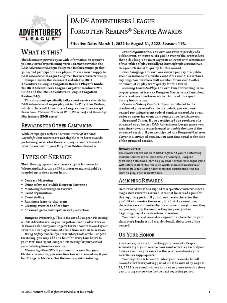 DD Adventurers League Forgotten Realms Service Awards Season 11B | PDF ...