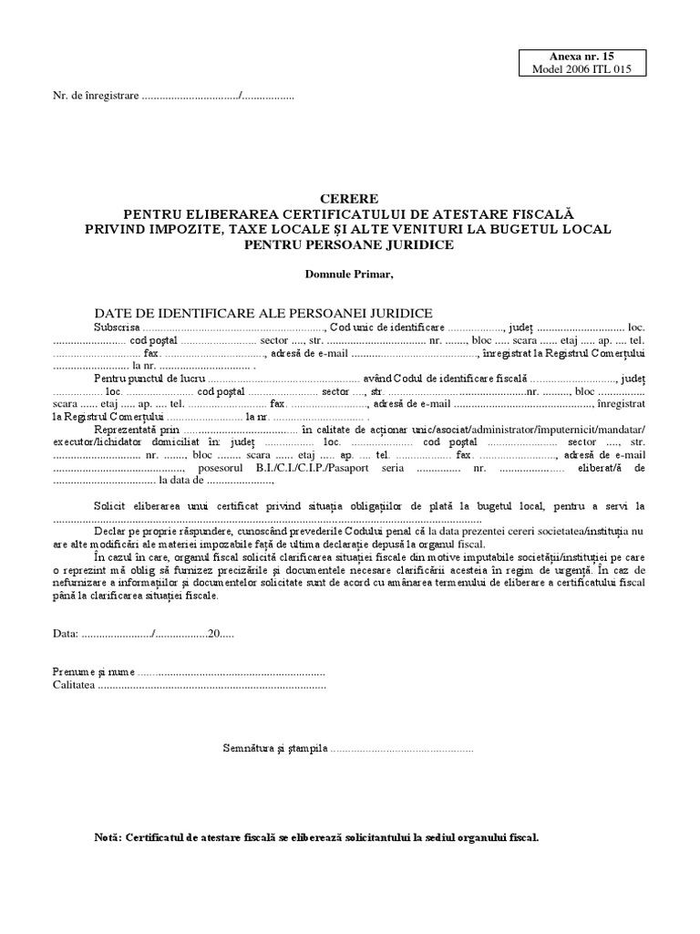 Cerere Eliberare Certificat Fiscal - Persoane Juridice | PDF