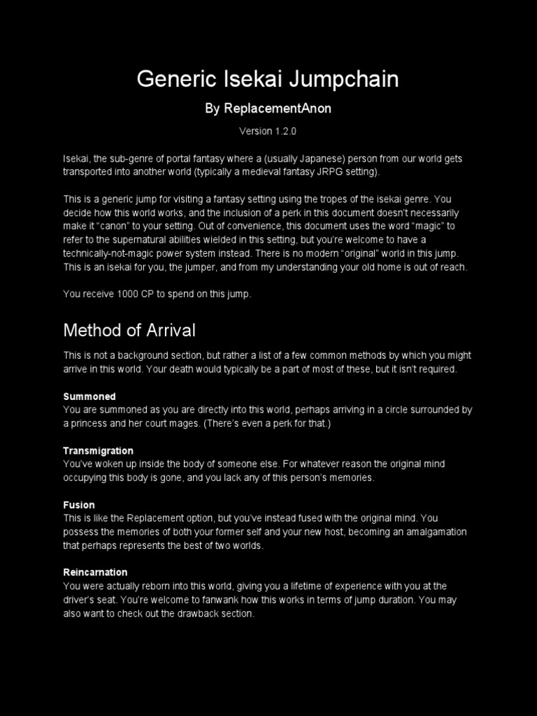 Generic Isekai Jumpchain Guide | PDF | Self-Improvement