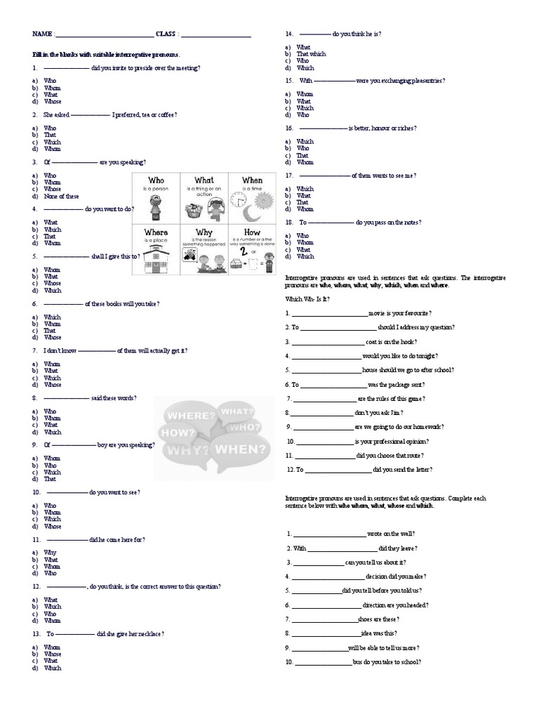 Interrogative Pronouns Worksheet | PDF | Question | Linguistics