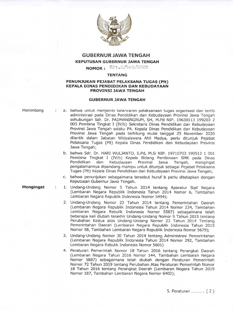 SK PLT Kepala Dinas Pendidikan Dan Kebudayaan 25 Nov 2020 | PDF