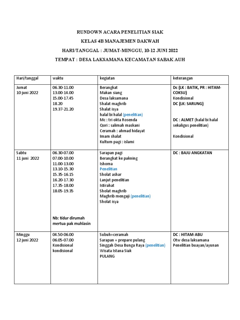 Rundown Acara Penelitian Siak 4B | PDF