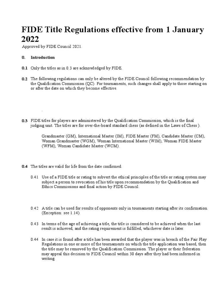 FIDE Title Regulations 2022 | PDF | Sports | Abstract Strategy Games