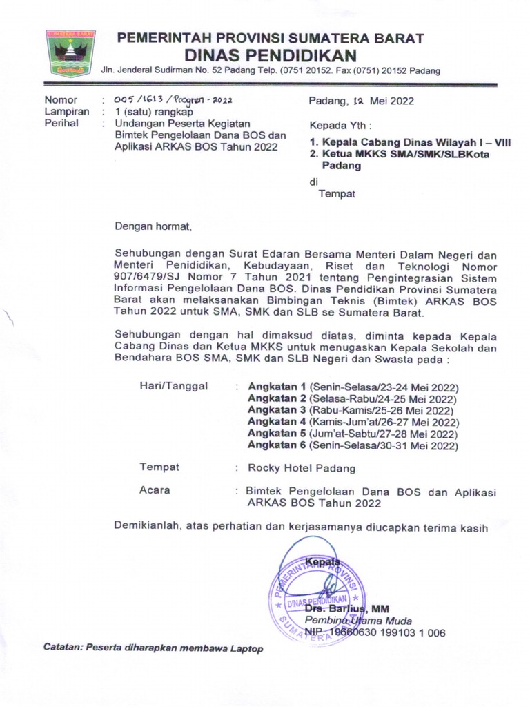 Surat Undangan Bimtek Pengelolaan BOS Dan Aplikasi ARKAS BOS TA 2022 | PDF