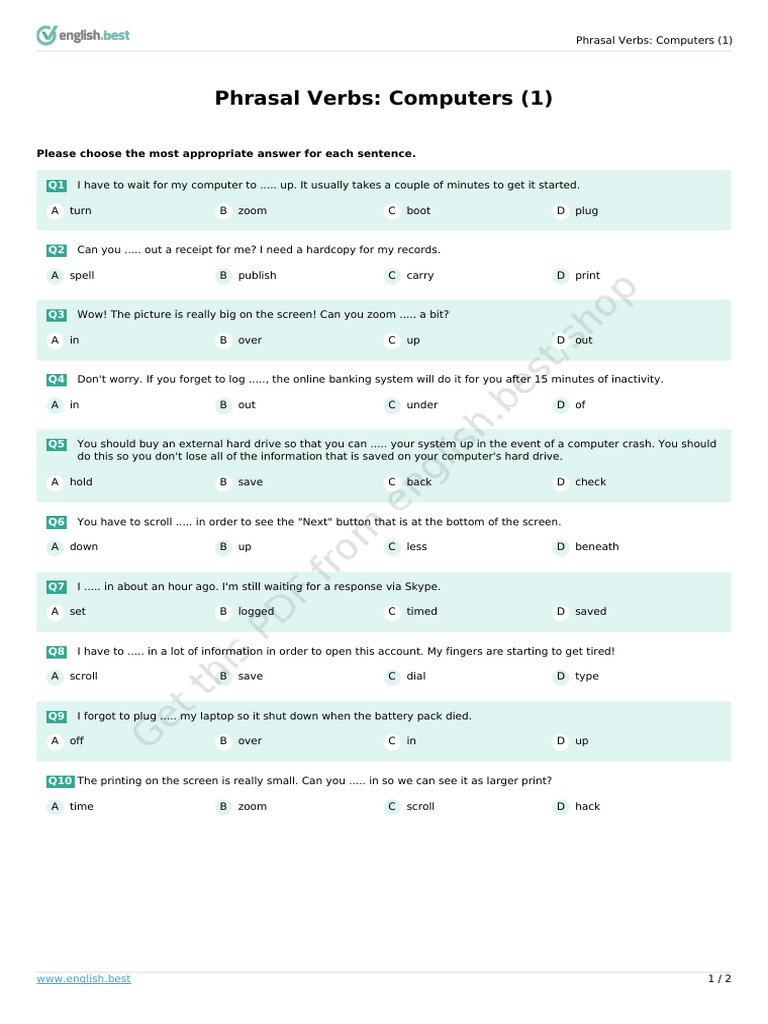 Computer Phrasal Verbs Quiz | PDF | Computer Engineering | Computing