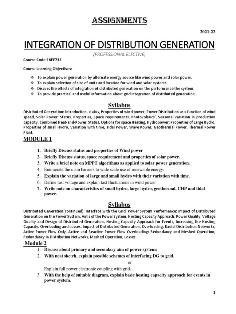 Integration of Distribution Generation: Assignments | PDF | Distributed ...