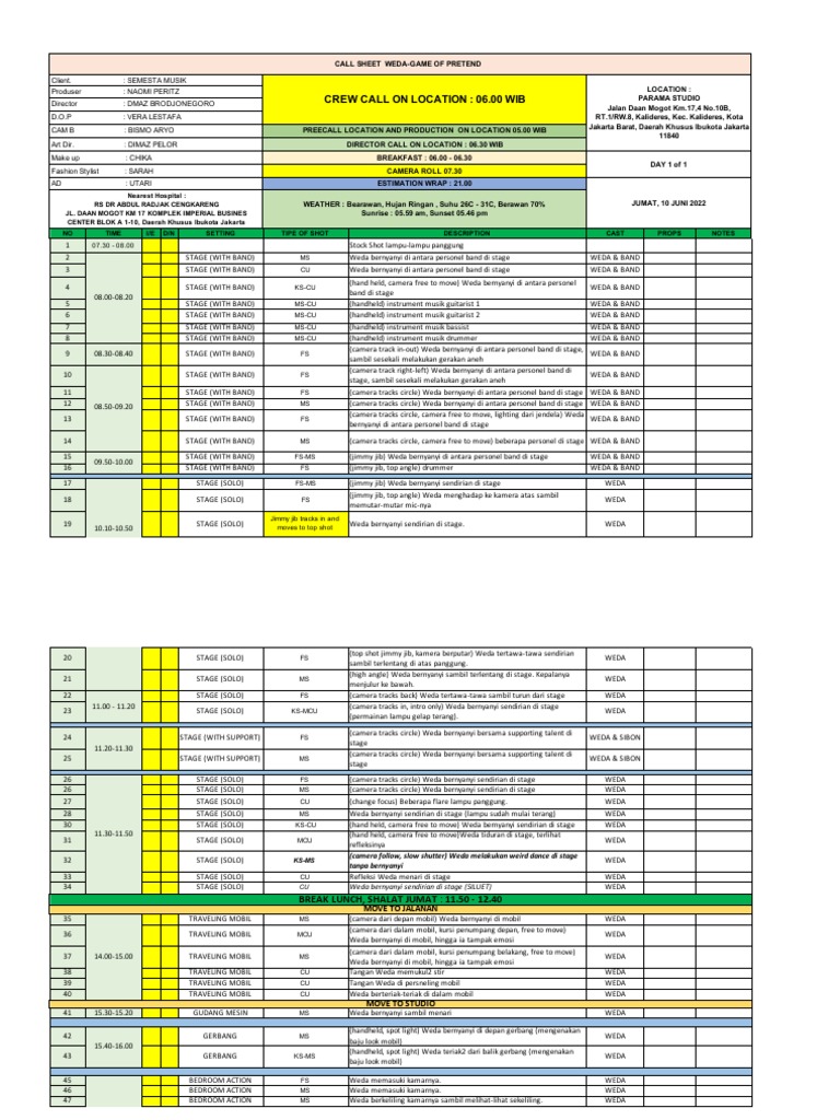 Crew Call On Location: 06.00 Wib | PDF | Laboratory Equipment | Optics