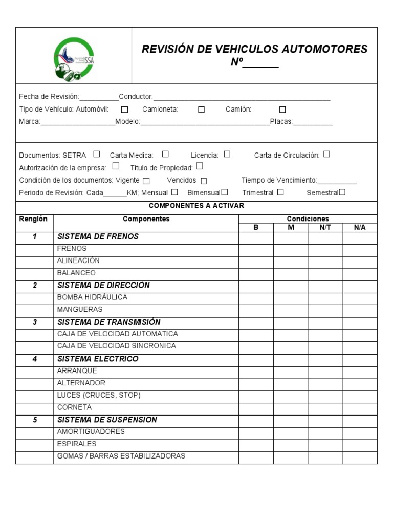 Formato Revision de Vehiculo | Descargar gratis PDF | Coche | Transporte