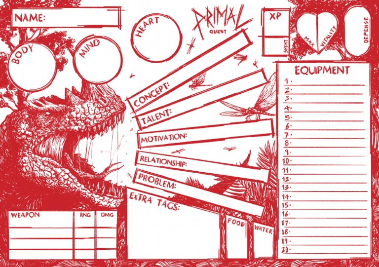 Primal Quest - Character Sheet (LicopeoArt) - RED | PDF