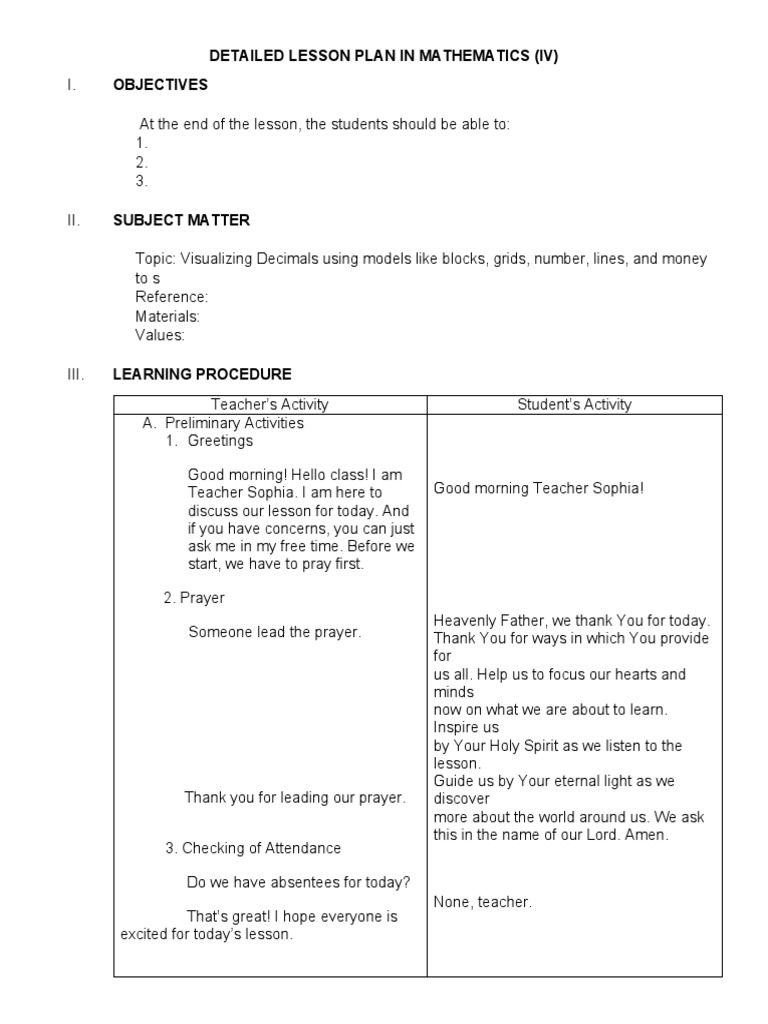 Sample Format of Detailed Lesson Plan in Mathematics | Download Free ...