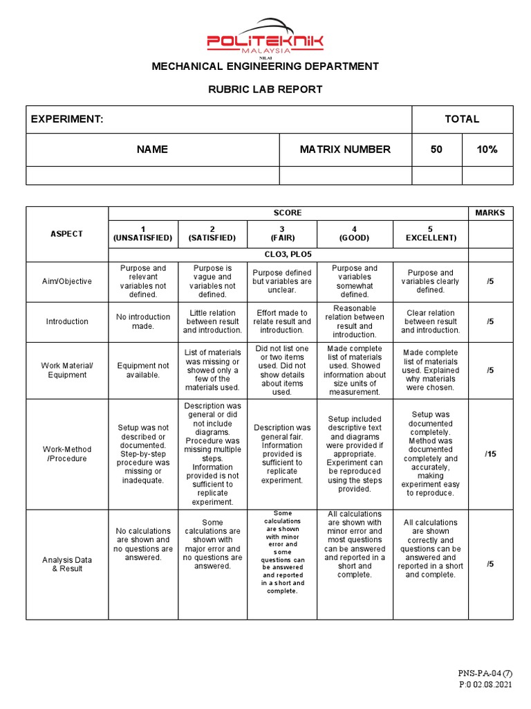 Mechanical Engineering Department Rubric Lab Report Experiment: Total Name Matrix Number 50 10% ...