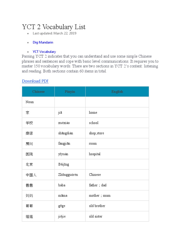 YCT 2 Vocabulary List: Download PDF | PDF | Linguistics | Grammar