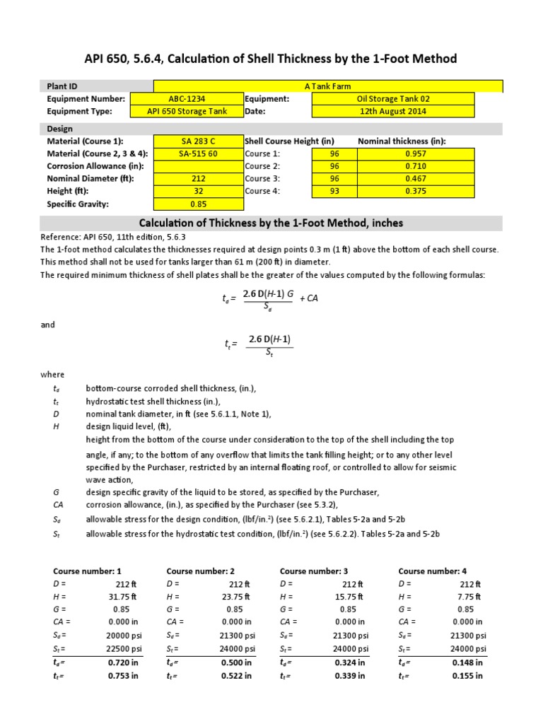 API 650, 5.6.4, Calculation of Shell Thickness by The 1-Foot Method | PDF