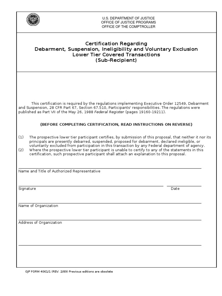 Federal Debarment Certification | PDF | Federal Government Of The ...