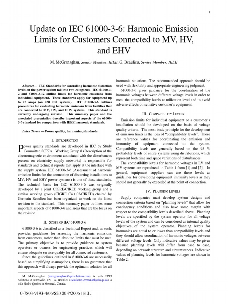 Update On IEC 61000-3-6: Harmonic Emission Limits For Customers Connected To MV, HV, and EHV ...