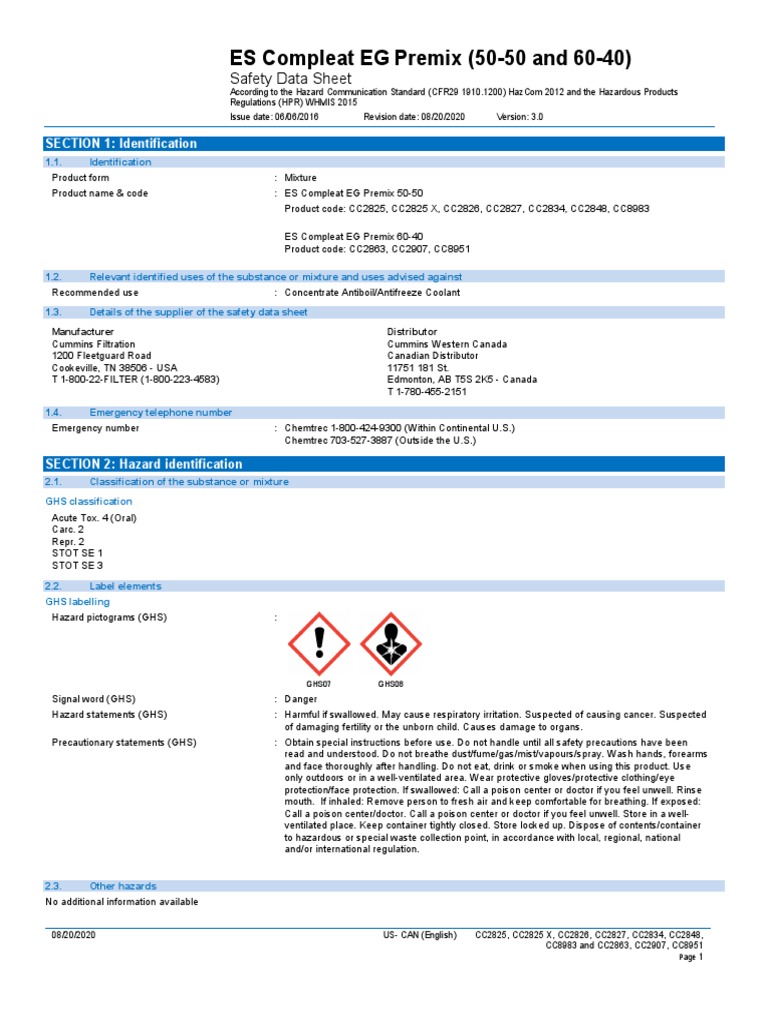 ES Compleat EG Premix (50-50 and 60-40) : Safety Data Sheet | PDF | Workplace | Safety