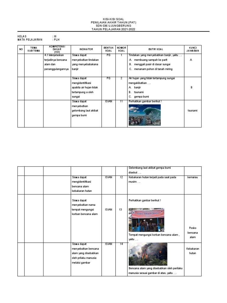 Kisi - Kisi Pat PLH Kls 3 (Revisi) | PDF