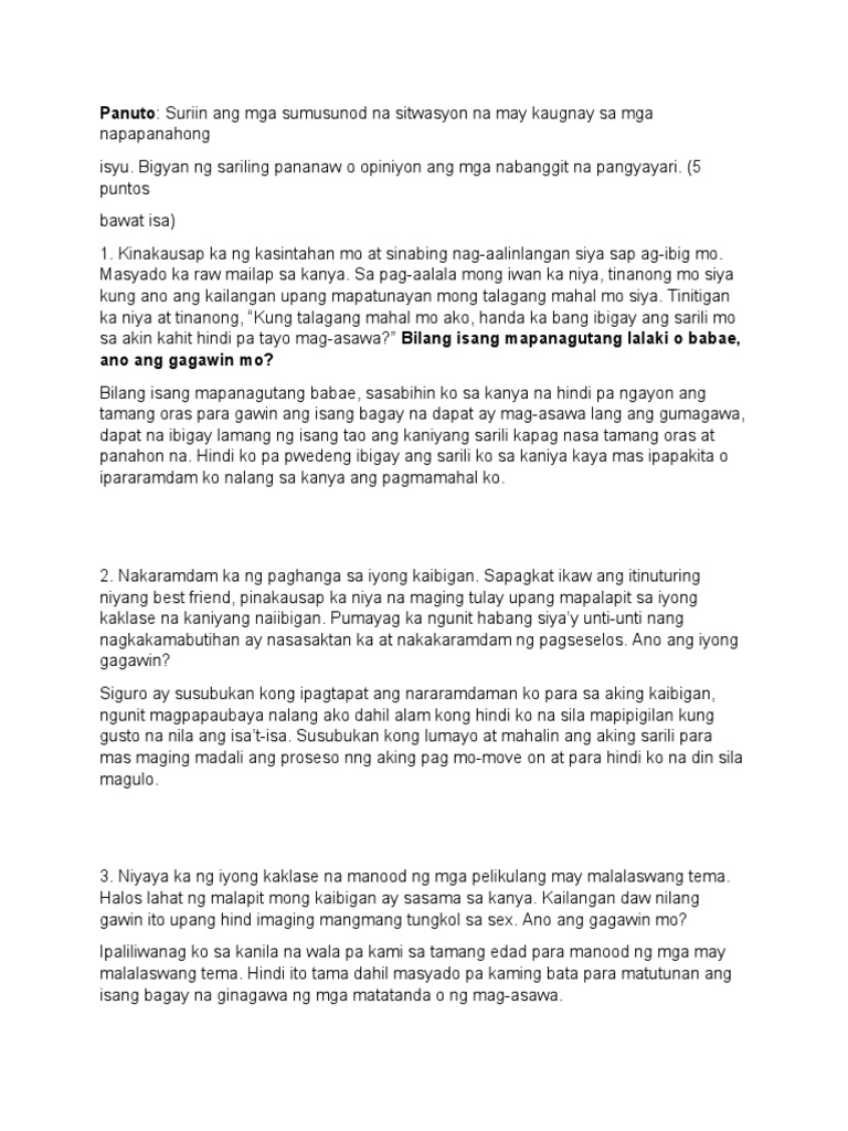 Panuto: Suriin Ang Mga Sumusunod Na Sitwasyon Na May Kaugnay Sa Mga | PDF