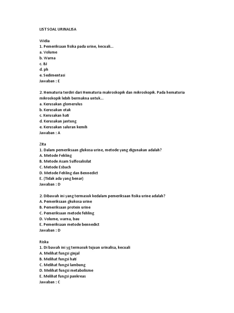 Soal Urinalisa dan Jawaban Lengkap | PDF