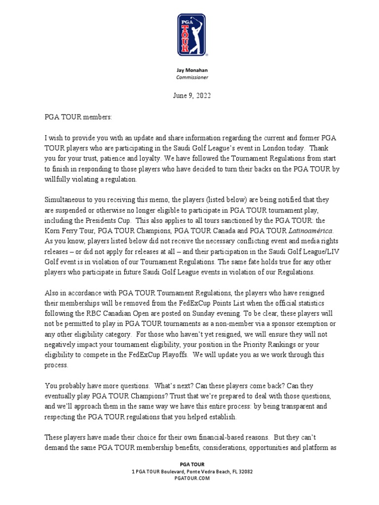 PGA TOUR Members - 060922 Memo | PDF | Pga Tour | Precision Sports