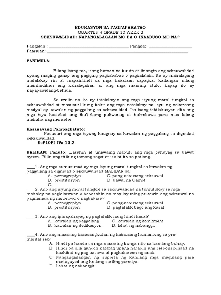 Edukasyon Sa Pagpapakatao Seksuwalidad: Napangalagaan Mo Ba O Inaabuso ...