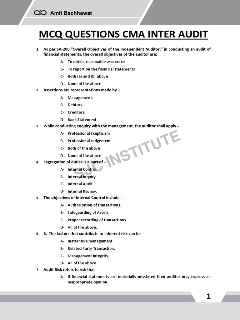 Cma Inter Audit MCQ Book | PDF | Financial Audit | Audit