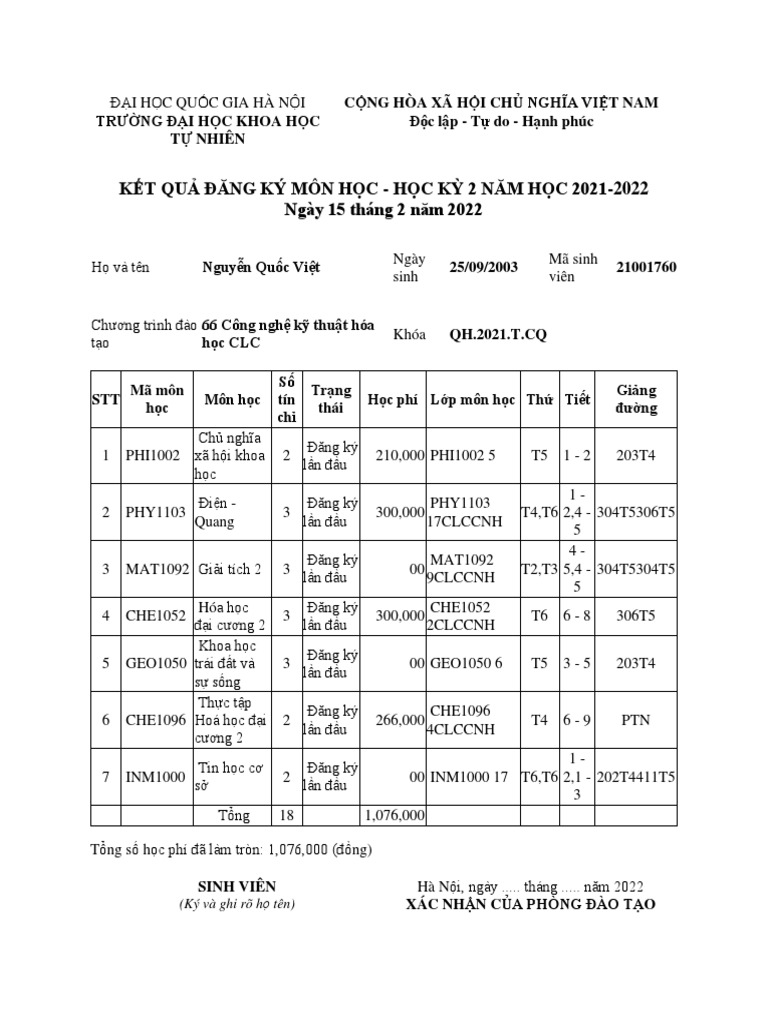 Ket Qua Dang Ky Mon Hoc | PDF