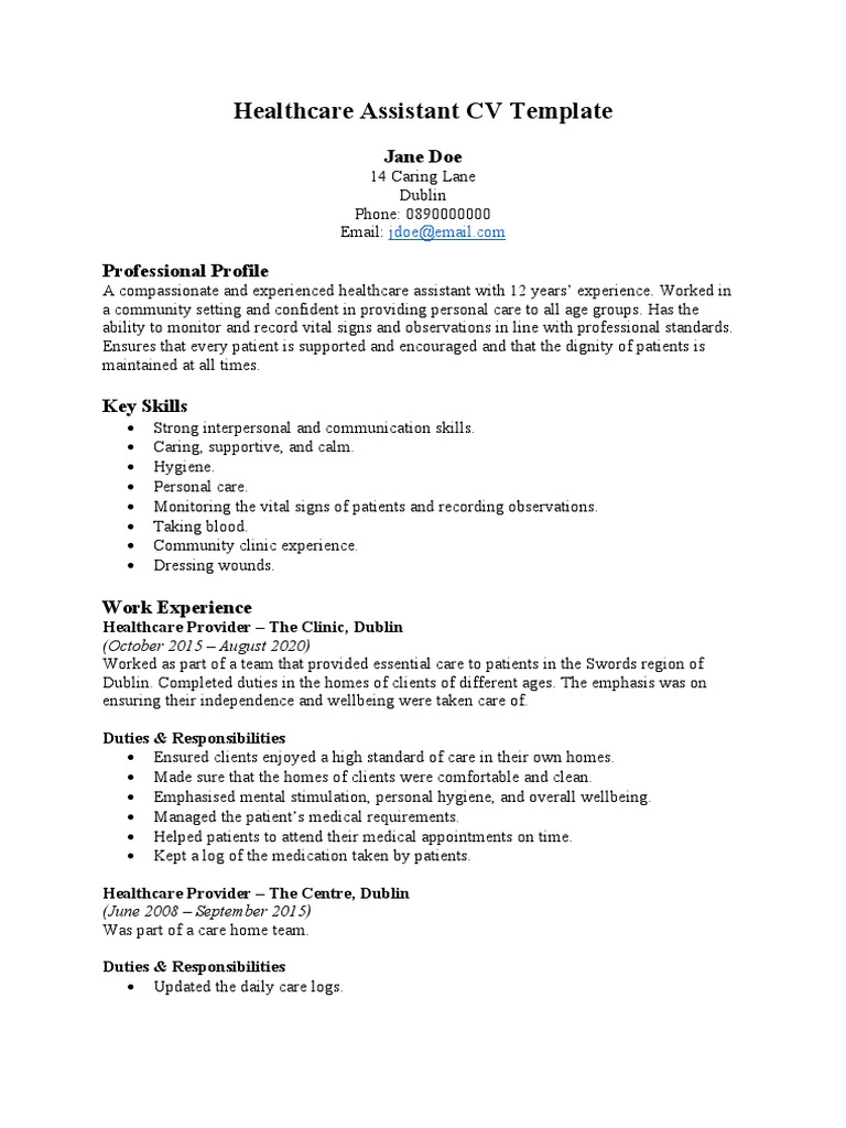 Healthcare Assistant CV Sample | PDF | Health Care | Patient