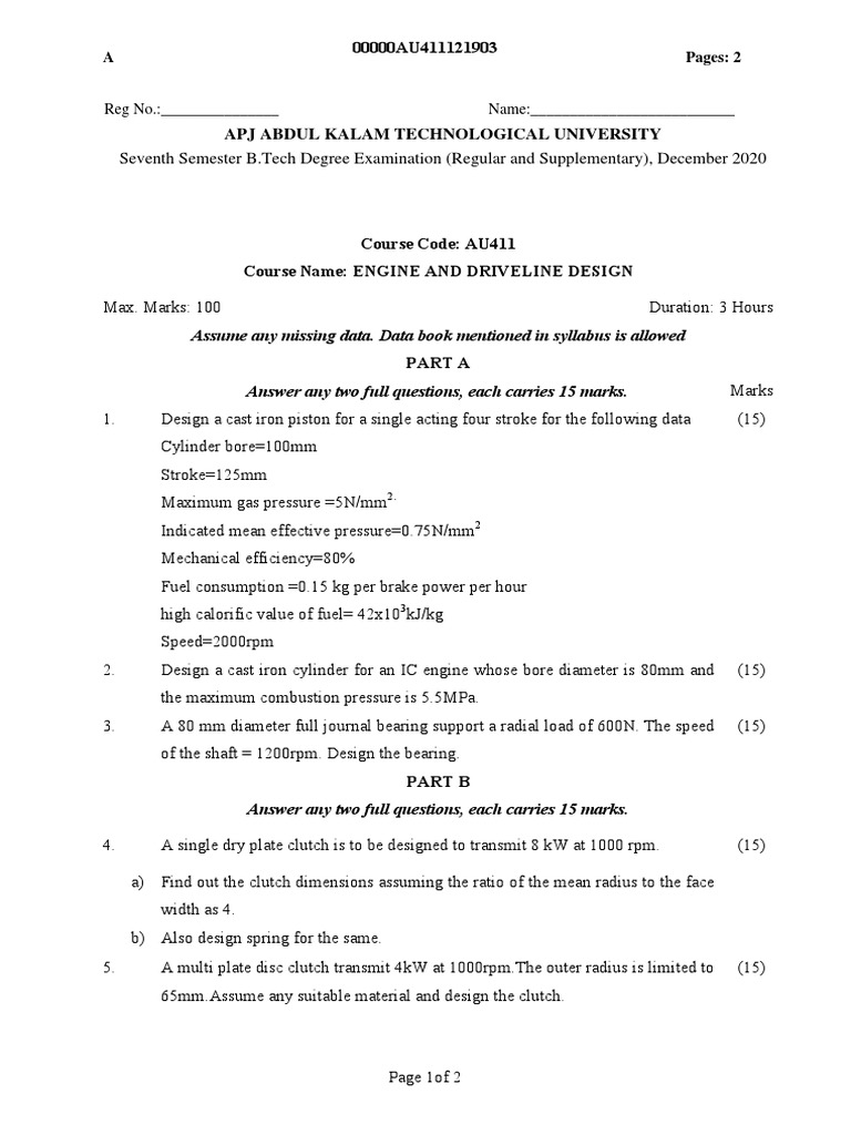 Engine and Driveline Design Exam | PDF | Gear | Vehicles
